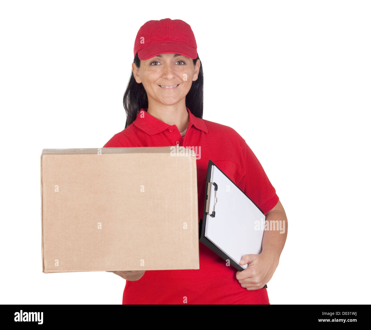 Beautiful dealer with box and clipboard isolated over white background ...