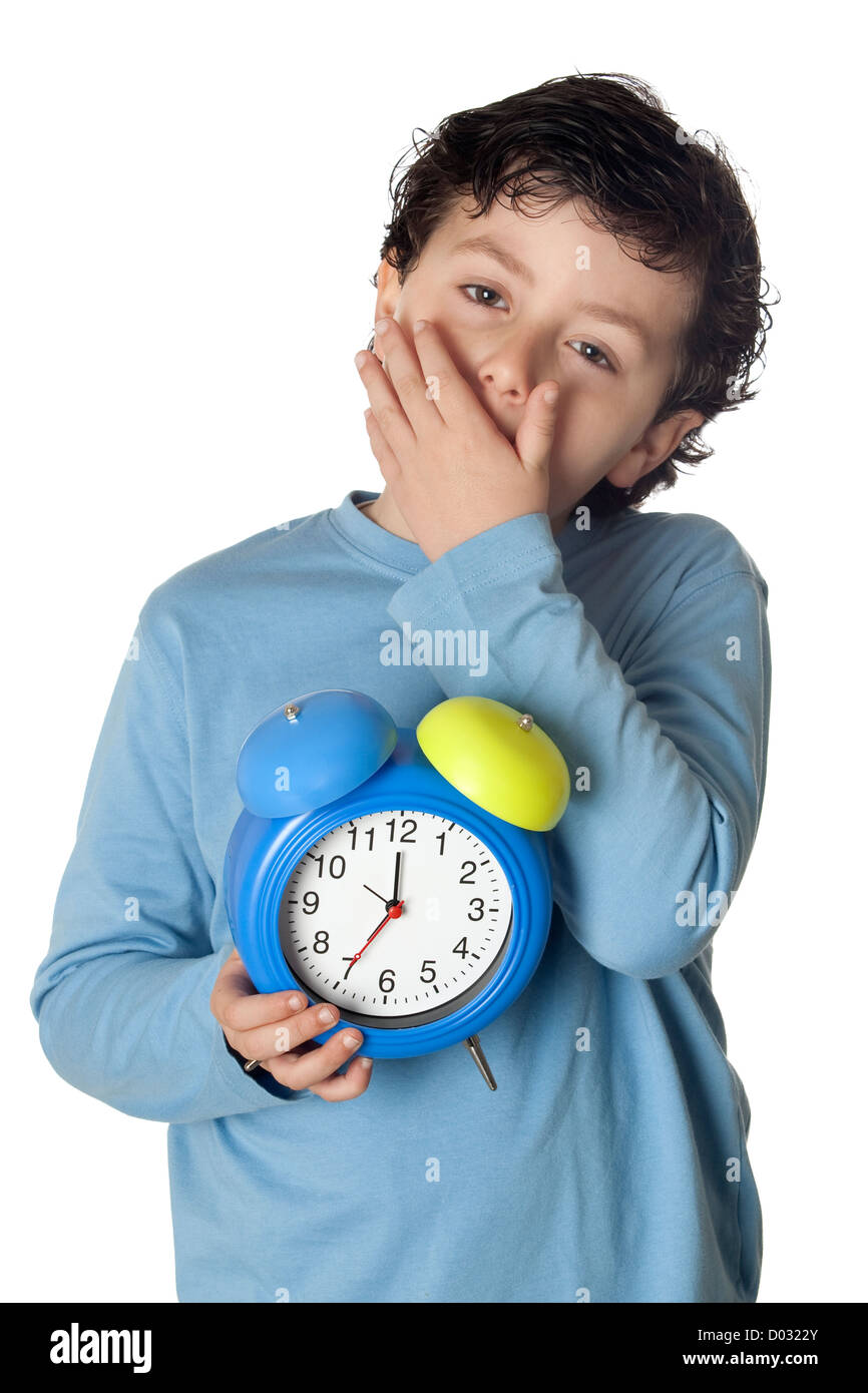 Sleepy boy with wake up isolated on white background Stock Photo - Alamy