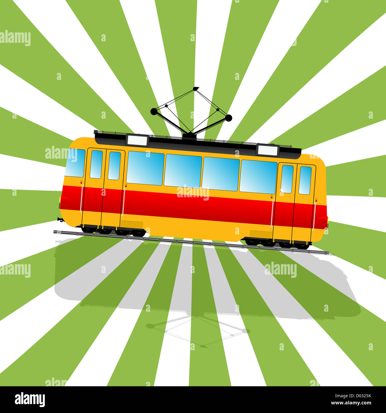 Retro art drawing of a imaginary Tramcar car and shadow over a stripped ...