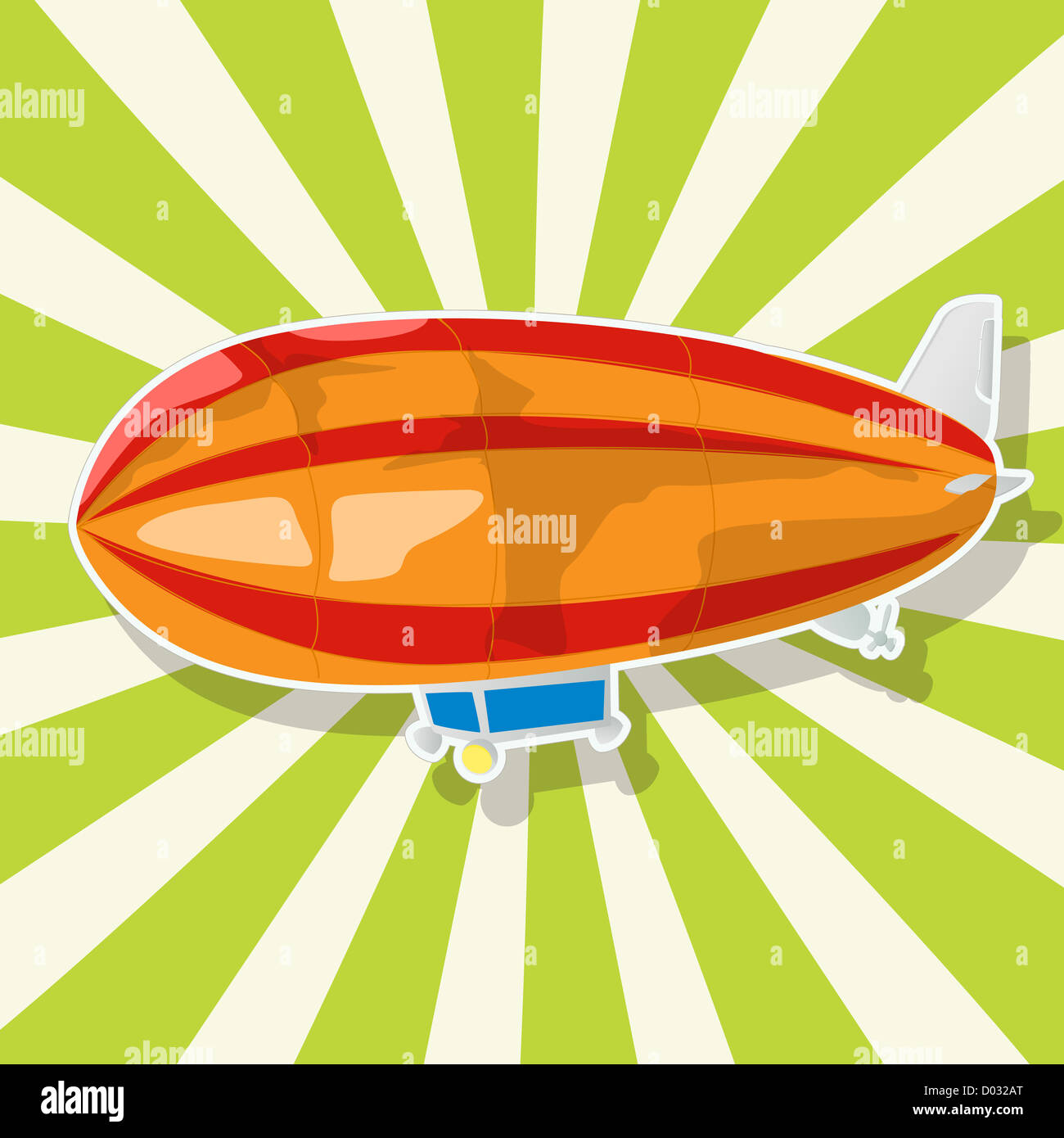Retro art drawing of a imaginary dirigible and shadow over a stripped ...