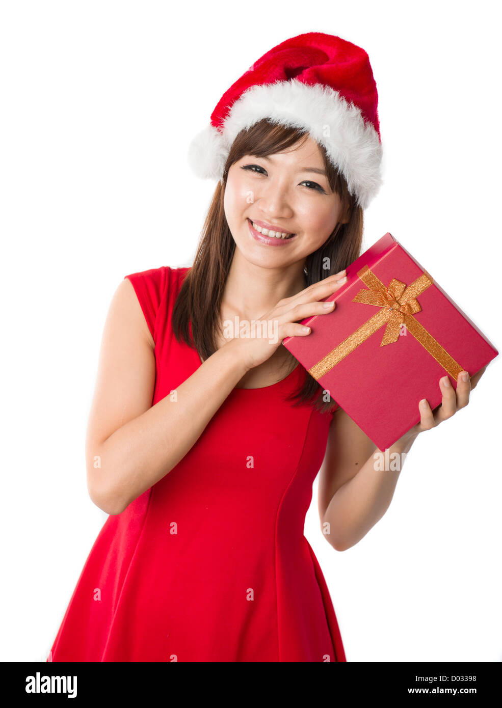 asian girl with a single present box during christmas,isolated on white ...