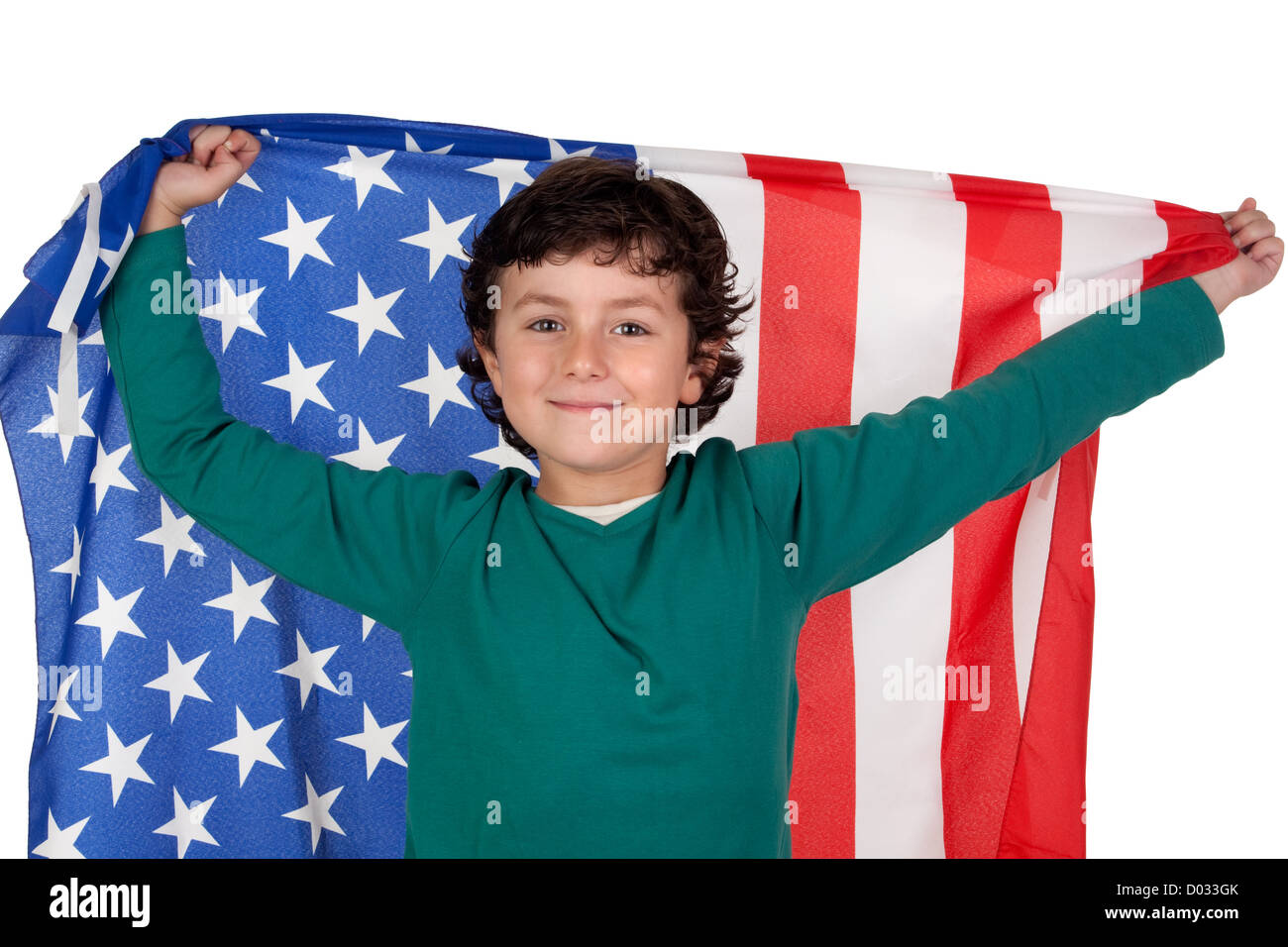 Adorable boy with american flag isolated over white Stock Photo - Alamy