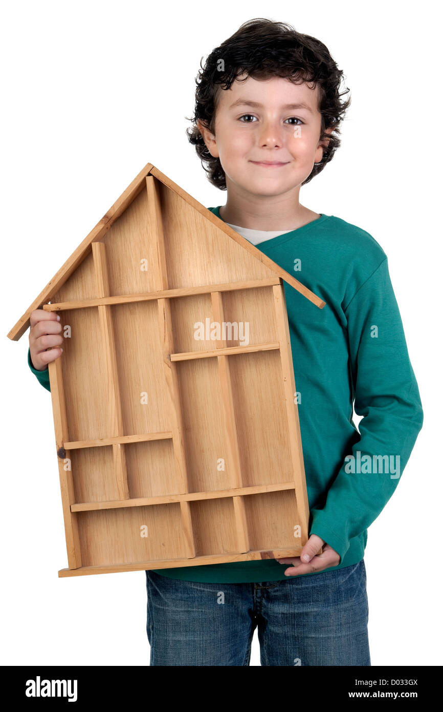 Adorable child with wooden house isolated on white Stock Photo - Alamy