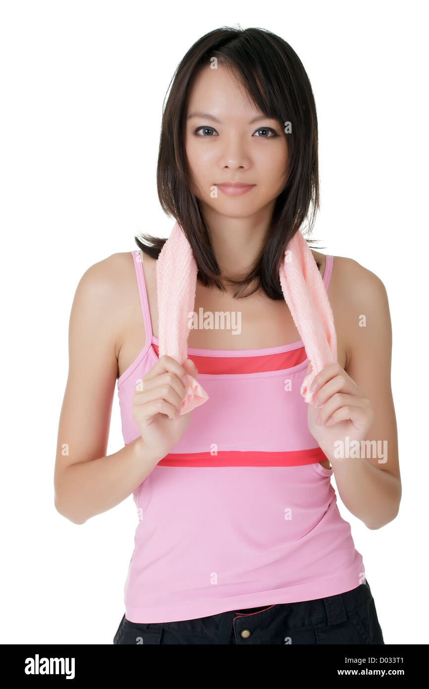 Attractive sport Chinese girl of fitness, half length closeup portrait ...