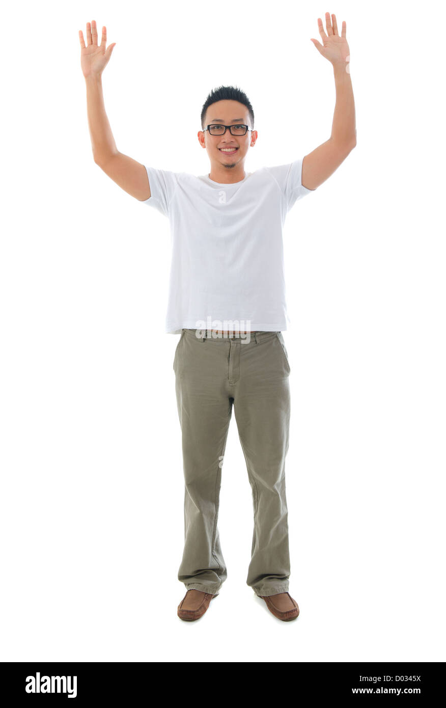 asian male casual raised arm in full body, isolated on white Stock ...