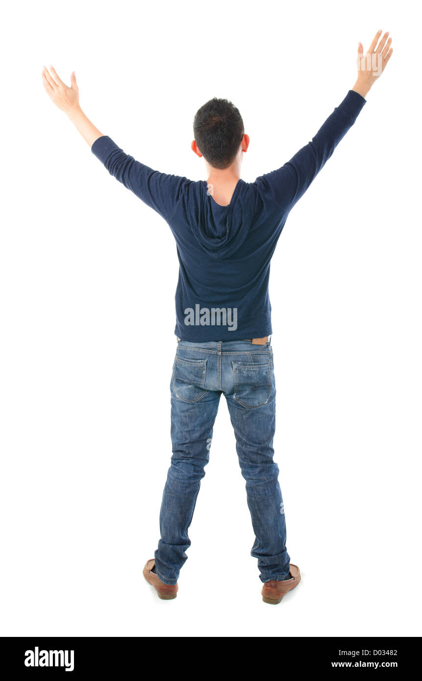 asian man back with raised hands Stock Photo - Alamy