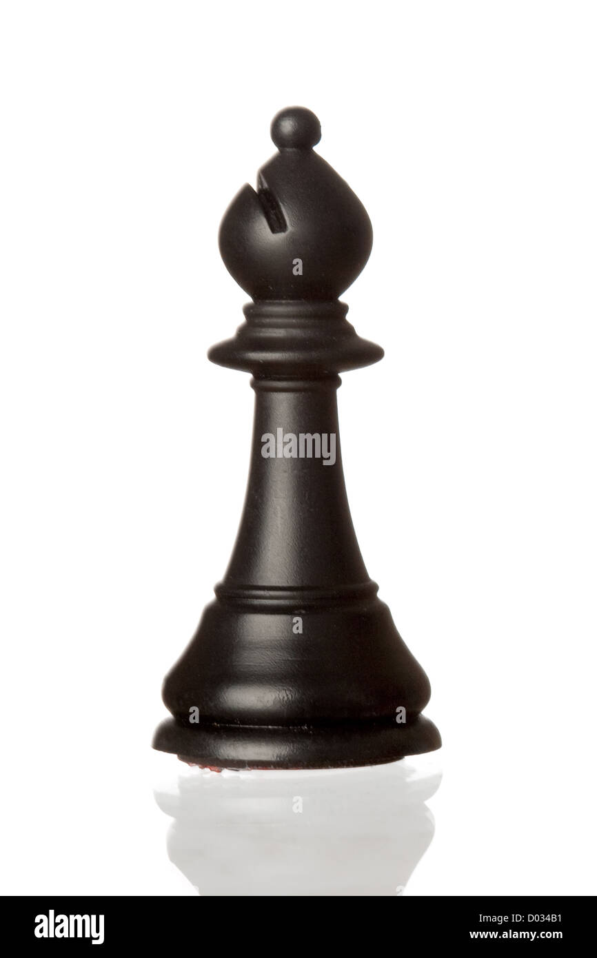 Black bishop chess piece isolated on white background with reflection ...