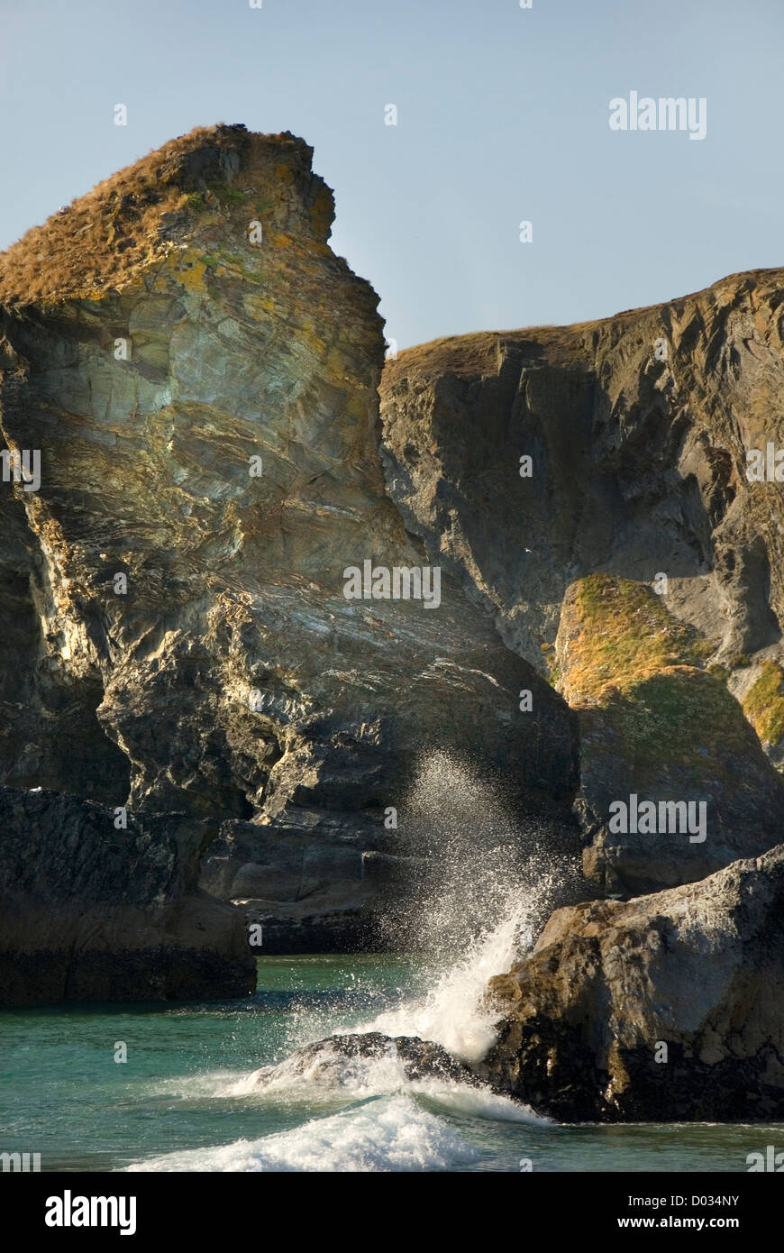 Rock formation, submerged beach at high tide, Bedruthan Steps, Coast ...