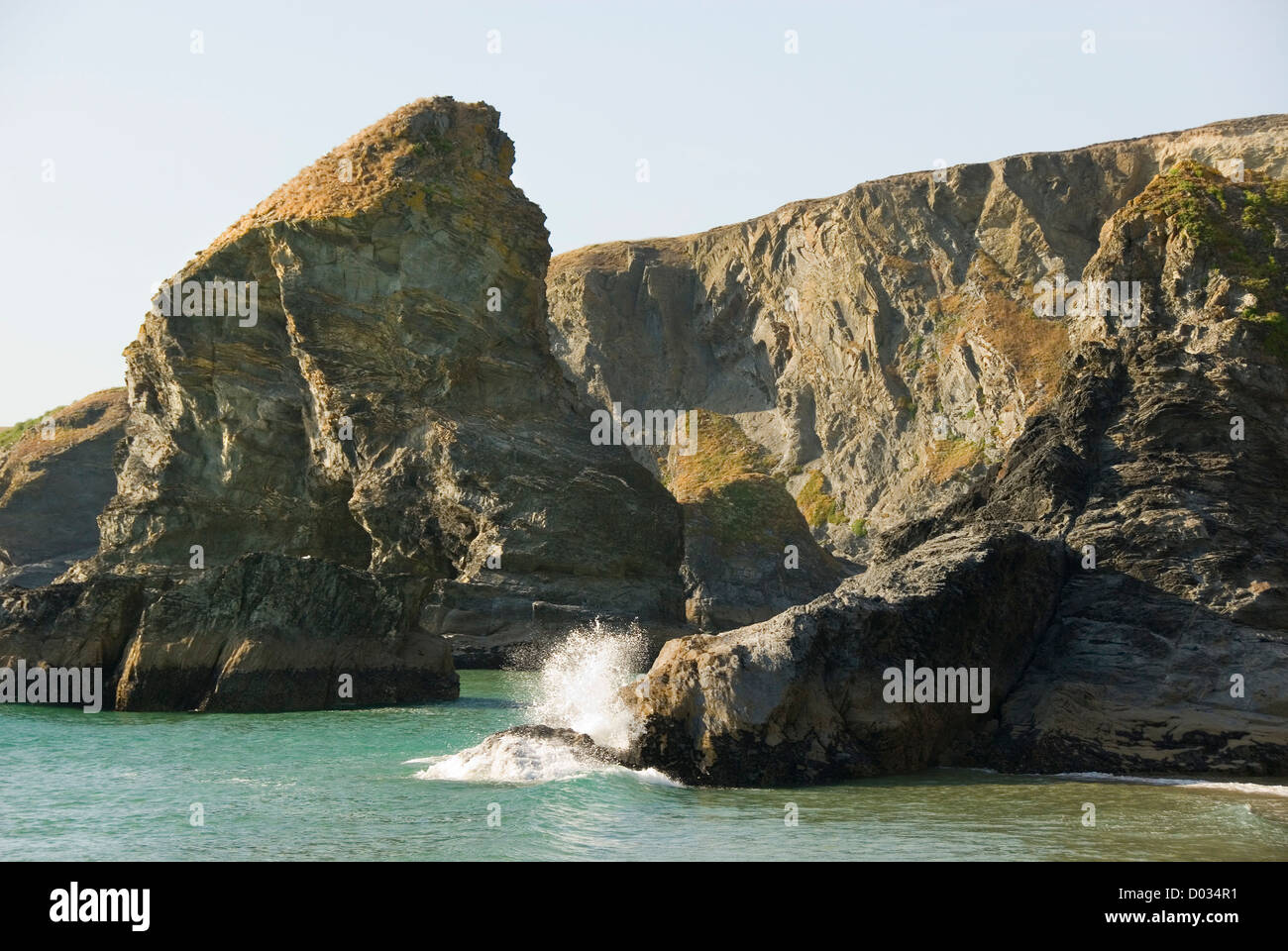 Rock formation, submerged beach at high tide, Bedruthan Steps, Coast ...
