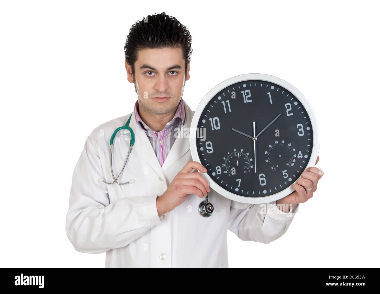 Doctor with big clock isolated on white background Stock Photo - Alamy