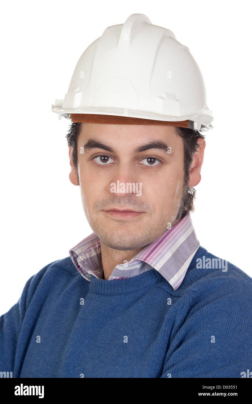 Engineer with white helmet on a over white background Stock Photo - Alamy