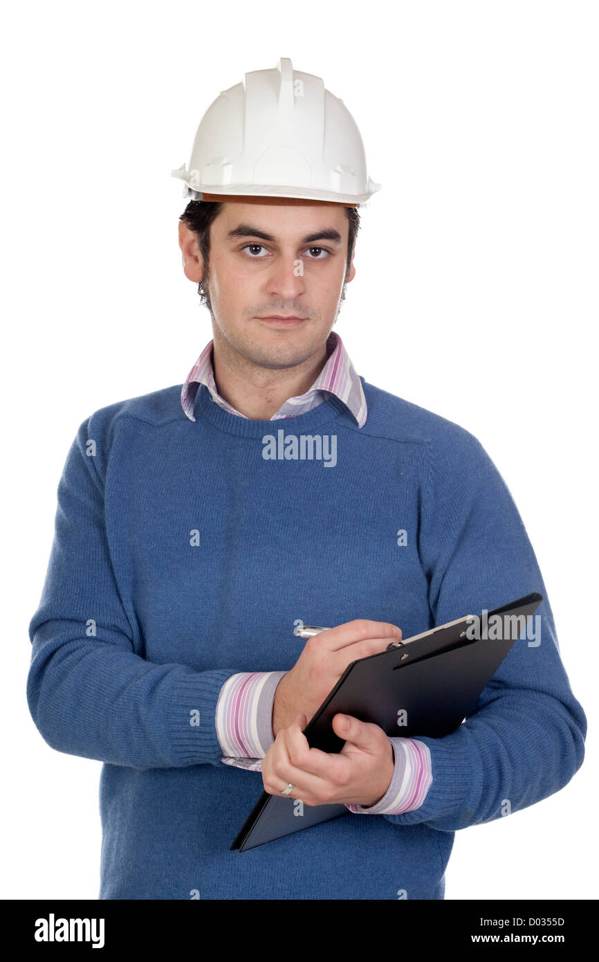 Engineer with white helmet on a over white background Stock Photo - Alamy