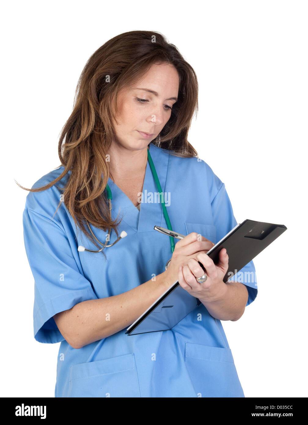 Doctor woman doing report isolated on white background Stock Photo - Alamy