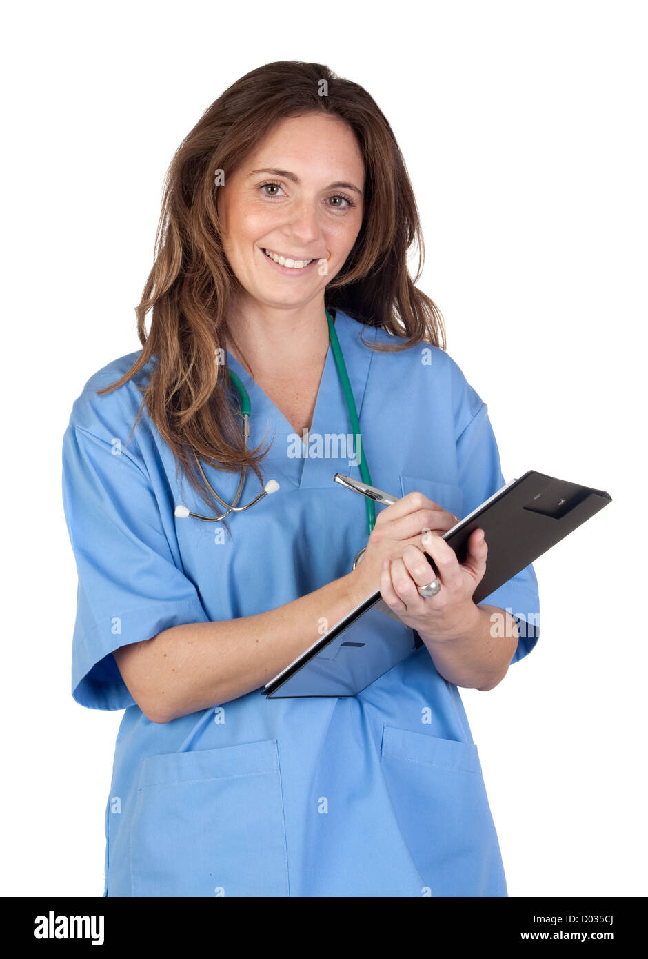 Doctor woman doing report isolated on white background Stock Photo - Alamy