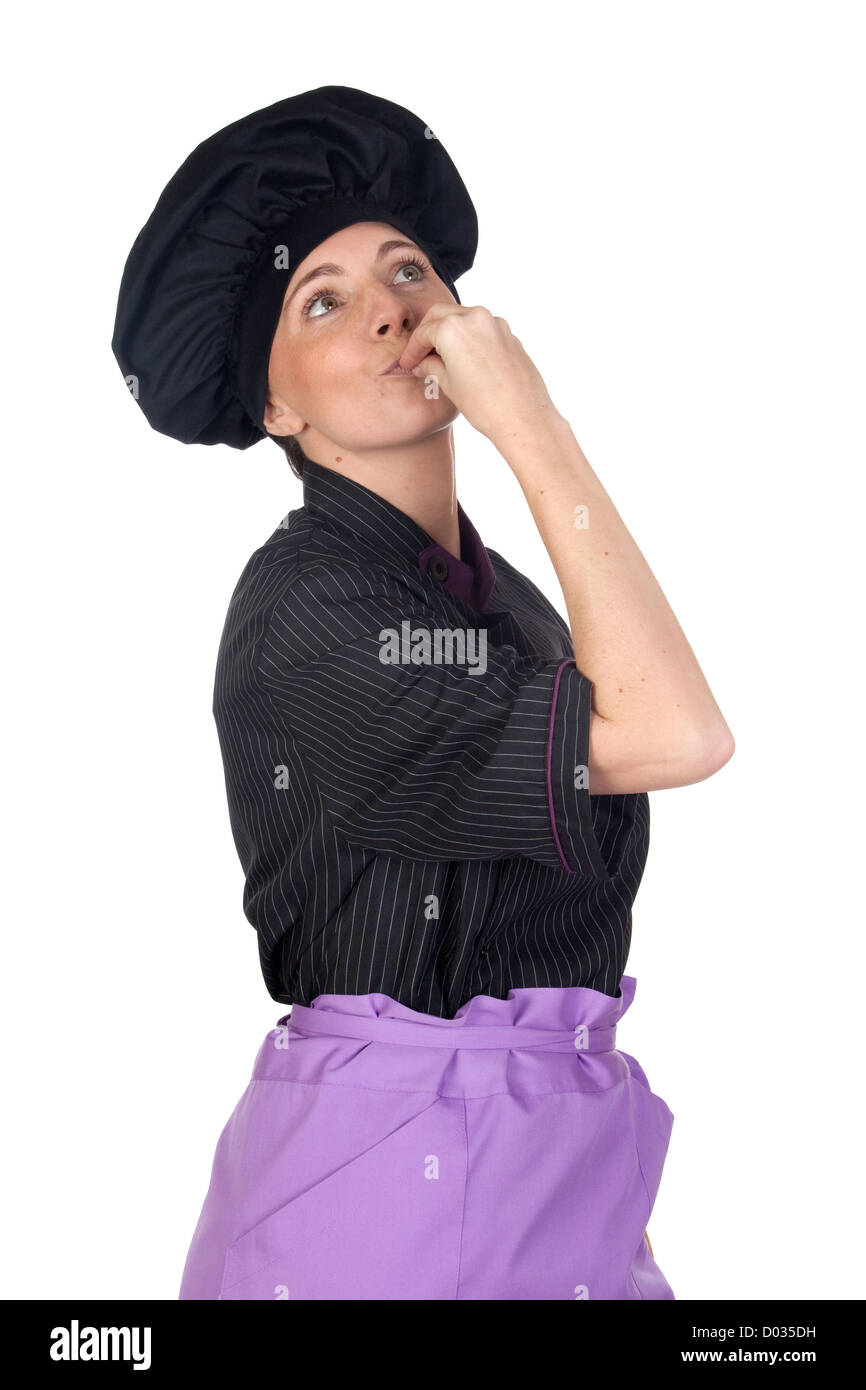 Pretty cook woman with black uniform isolated on white background Stock ...