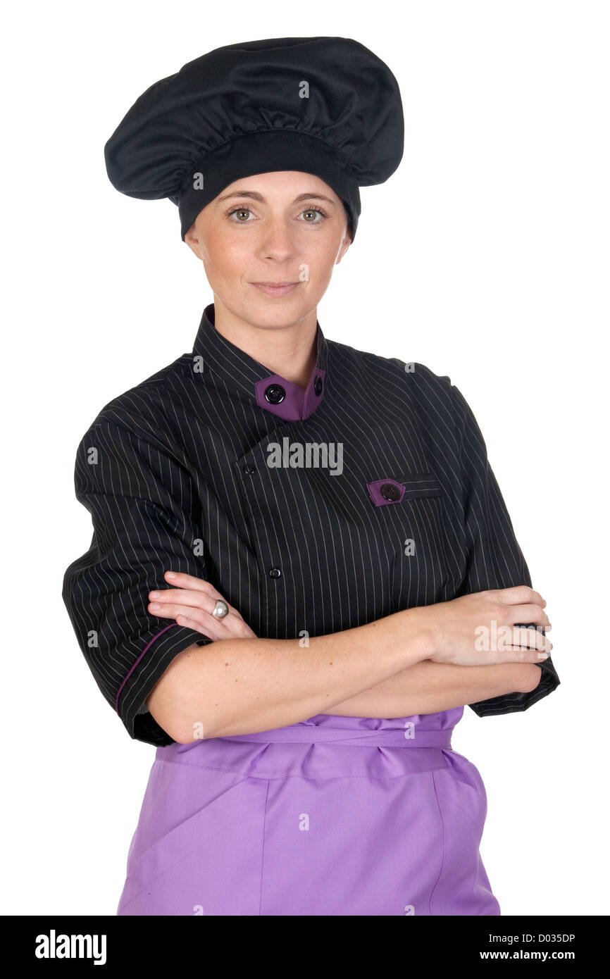 Pretty cook woman with black uniform isolated on white background Stock ...