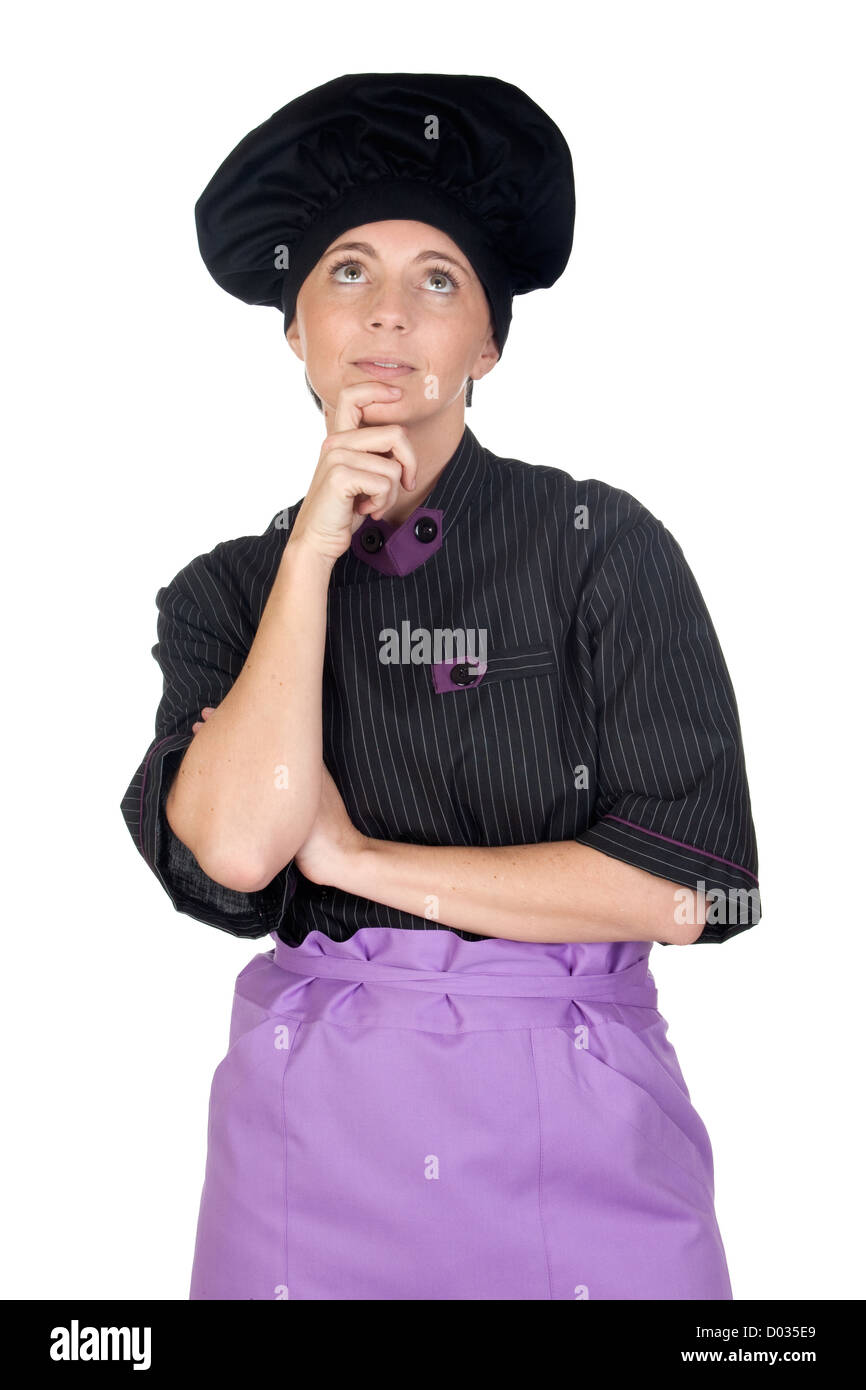 Pretty cook woman with pensive expression isolated on white background ...