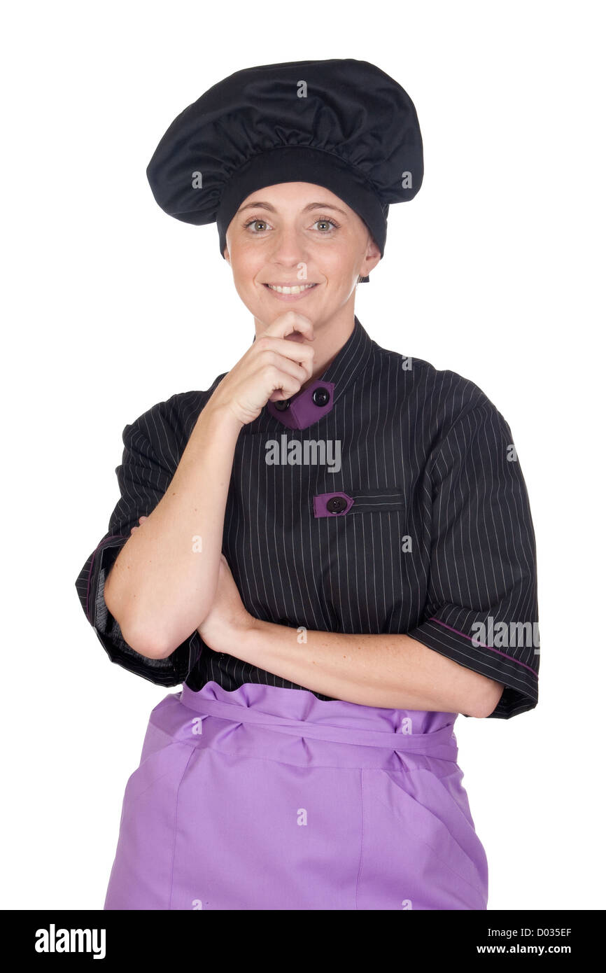 Pretty cook woman with black uniform isolated on white background Stock ...
