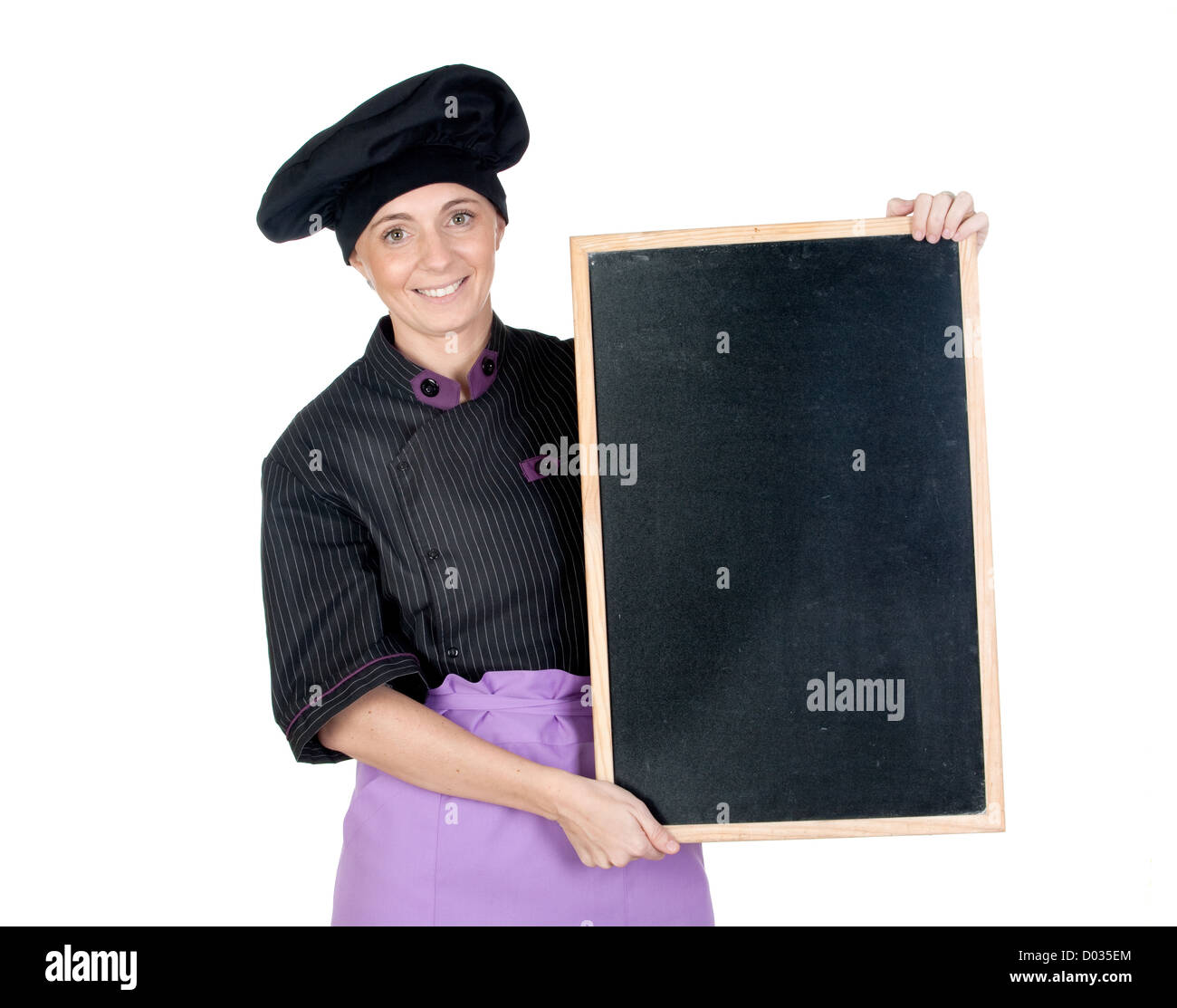 Pretty cook woman with blackboard isolated on white background Stock ...