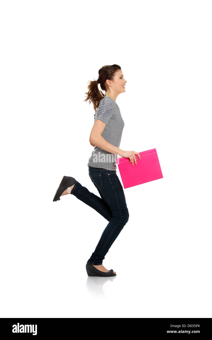 Happy teen student girl running, isoalated on white background Stock ...