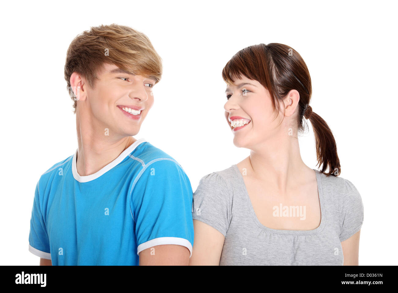 Happy two friend looking each other. Isolated on white background Stock ...