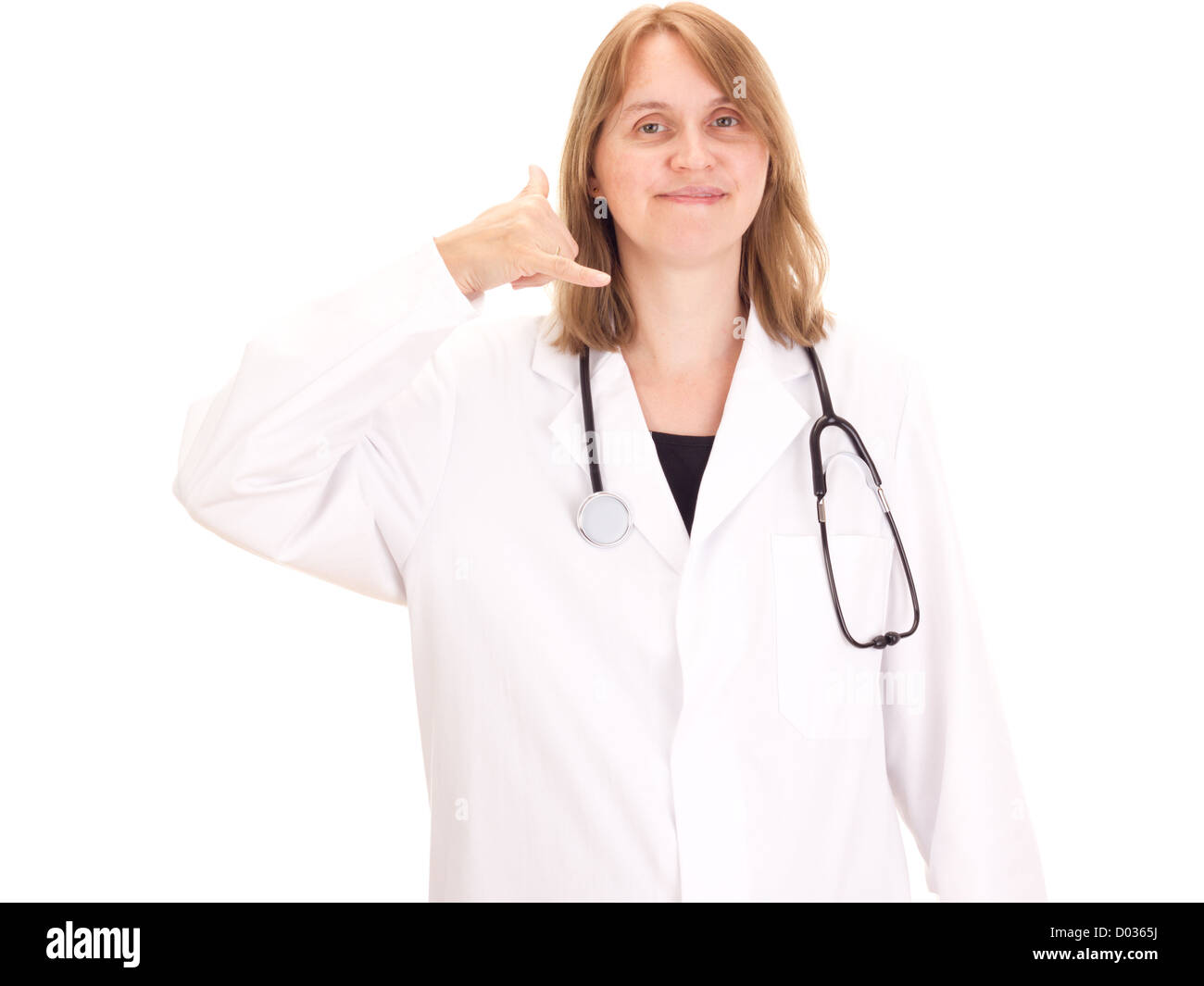Medical doctor showing call me Stock Photo - Alamy