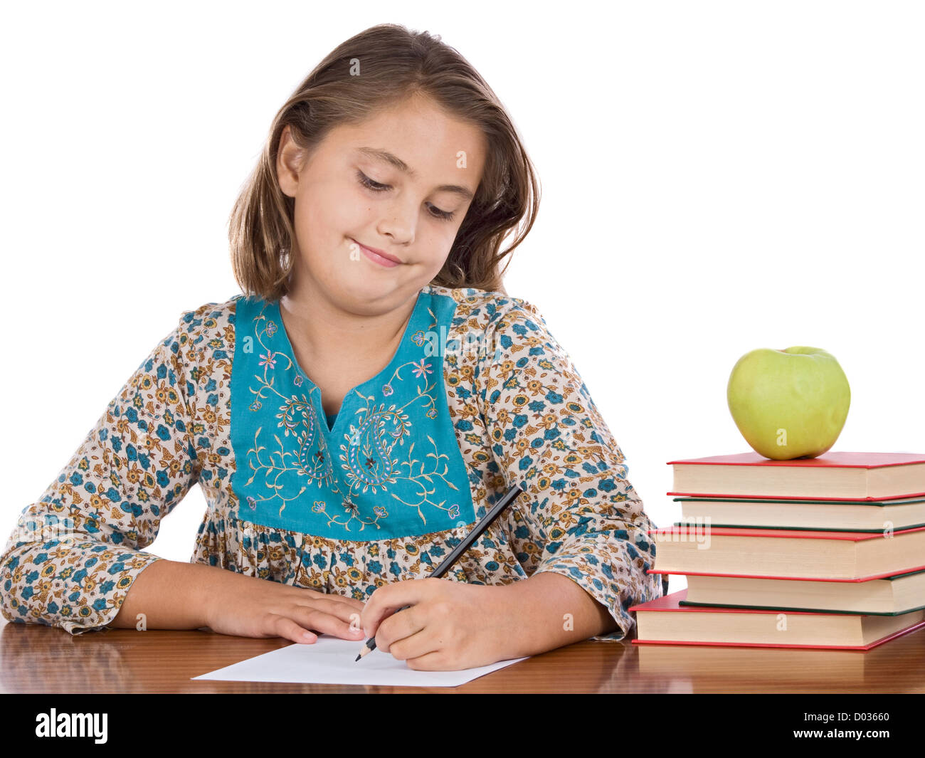 Adorable girl studying in the school a over white background Stock ...