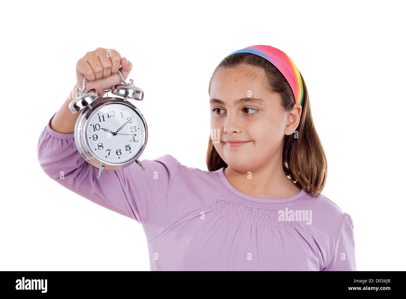 Beautiful girl with clock on a over white background Stock Photo - Alamy