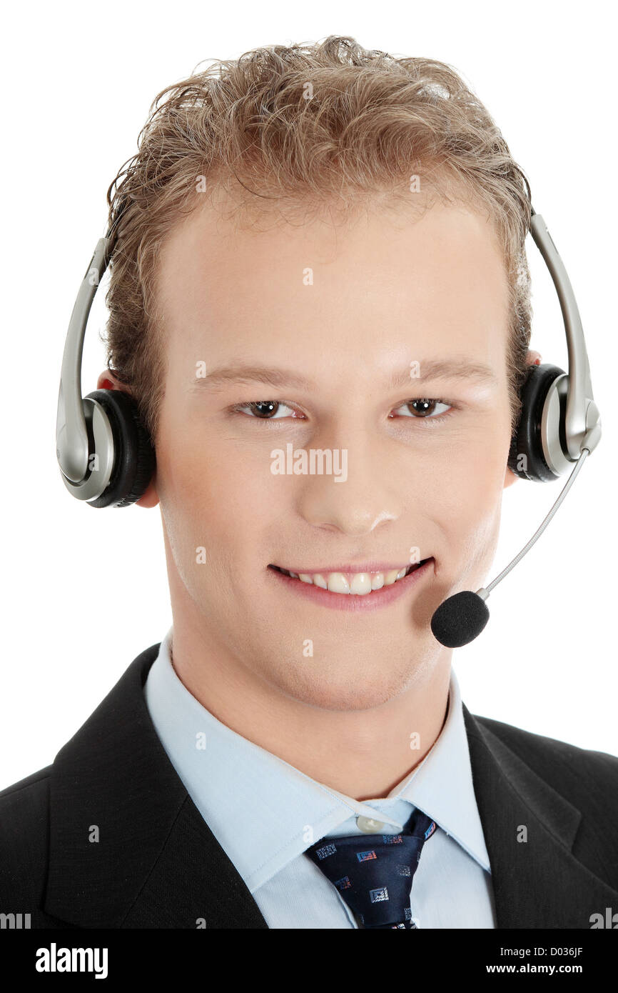Charming customer service representative with headset on isolated on ...