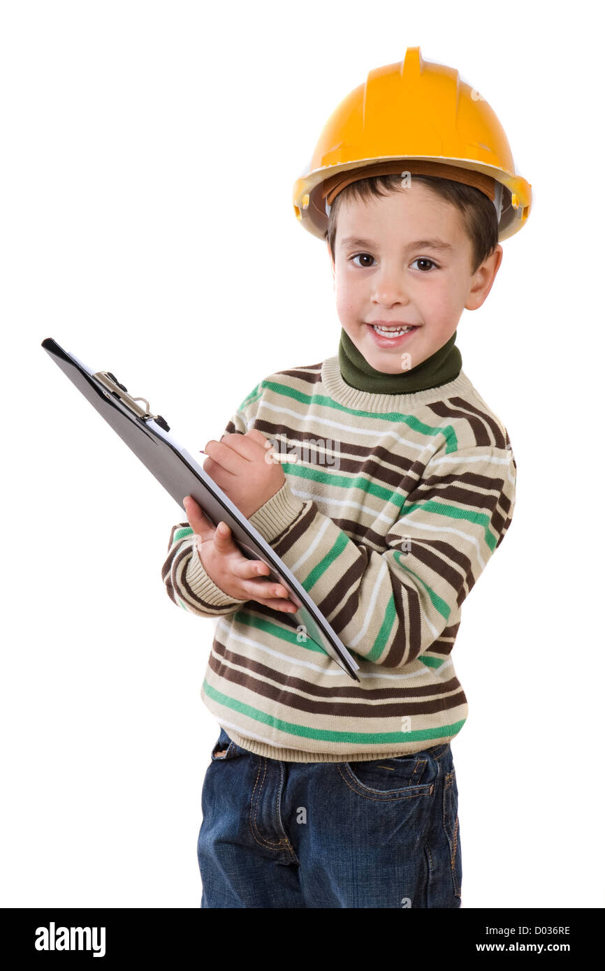 Adorable future engineer writing isolated over white Stock Photo - Alamy