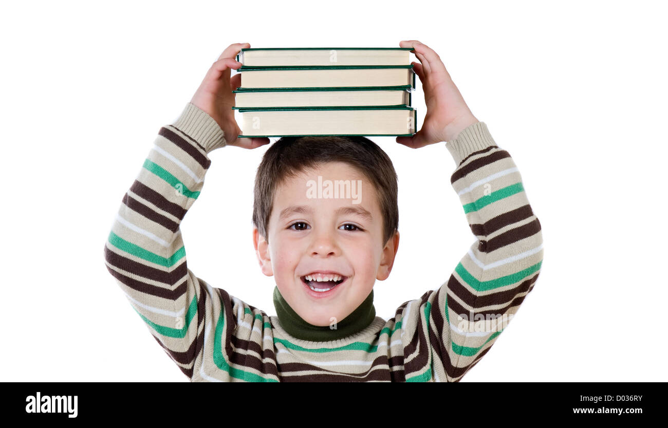 Adorable child with many books on the head isolated over white Stock ...