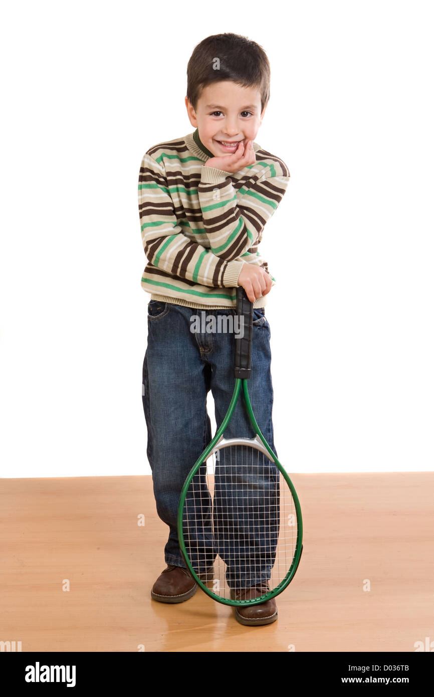 Adorable boy with racket of tennis on a over white background Stock ...