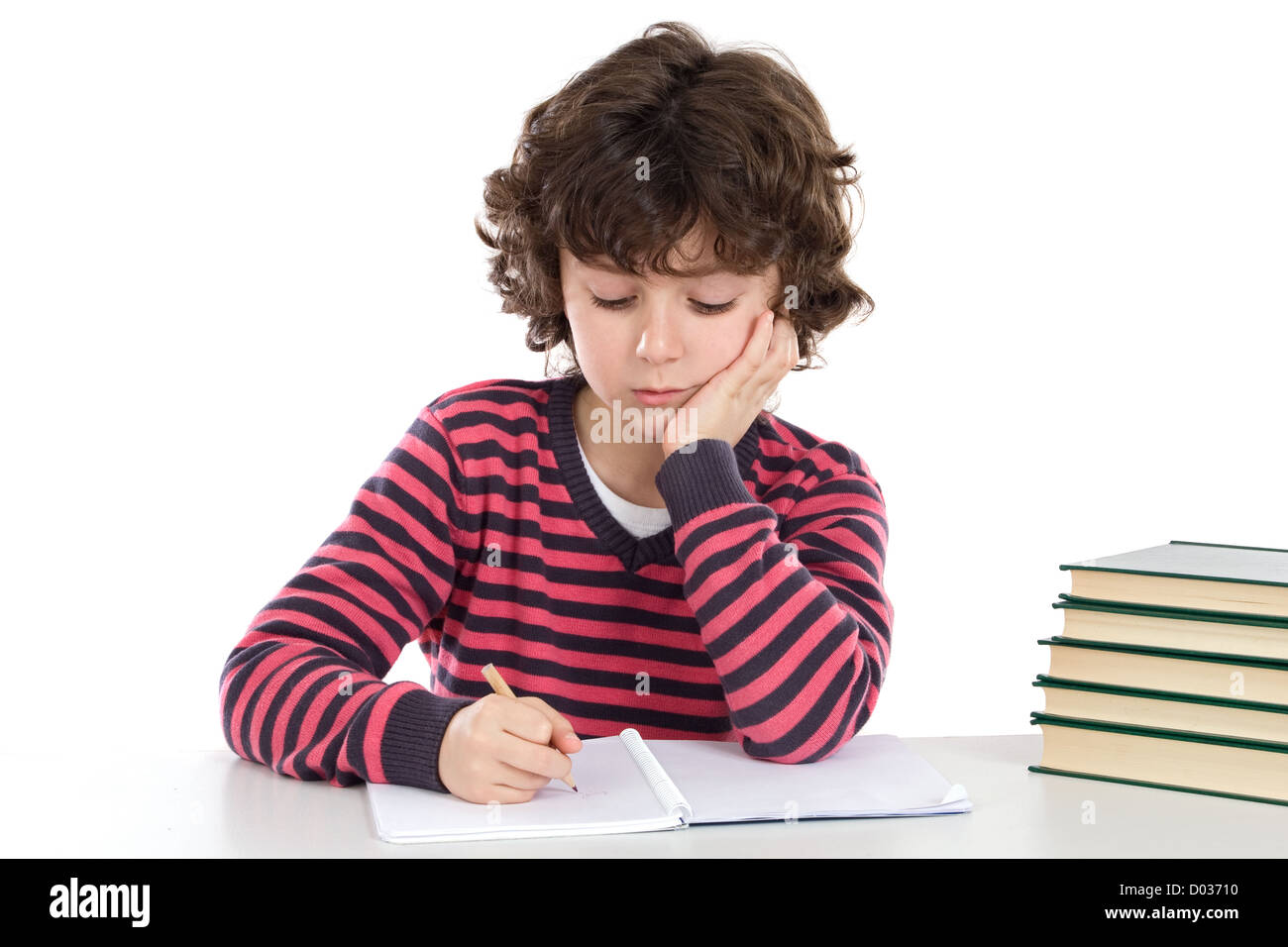Adorable boy tired with many books on a over white background Stock ...