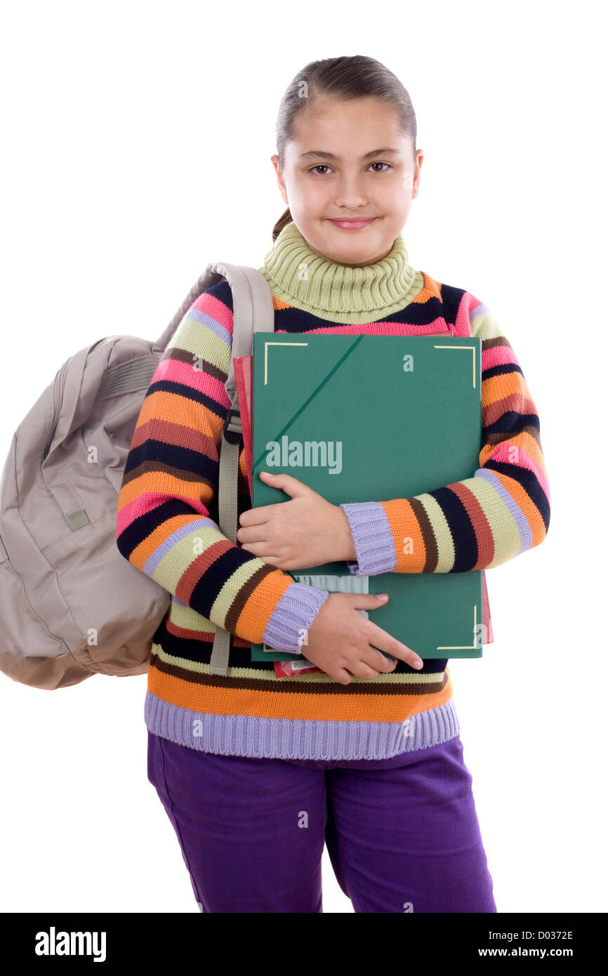 Girl student with folder and backpack on a white background Stock Photo ...