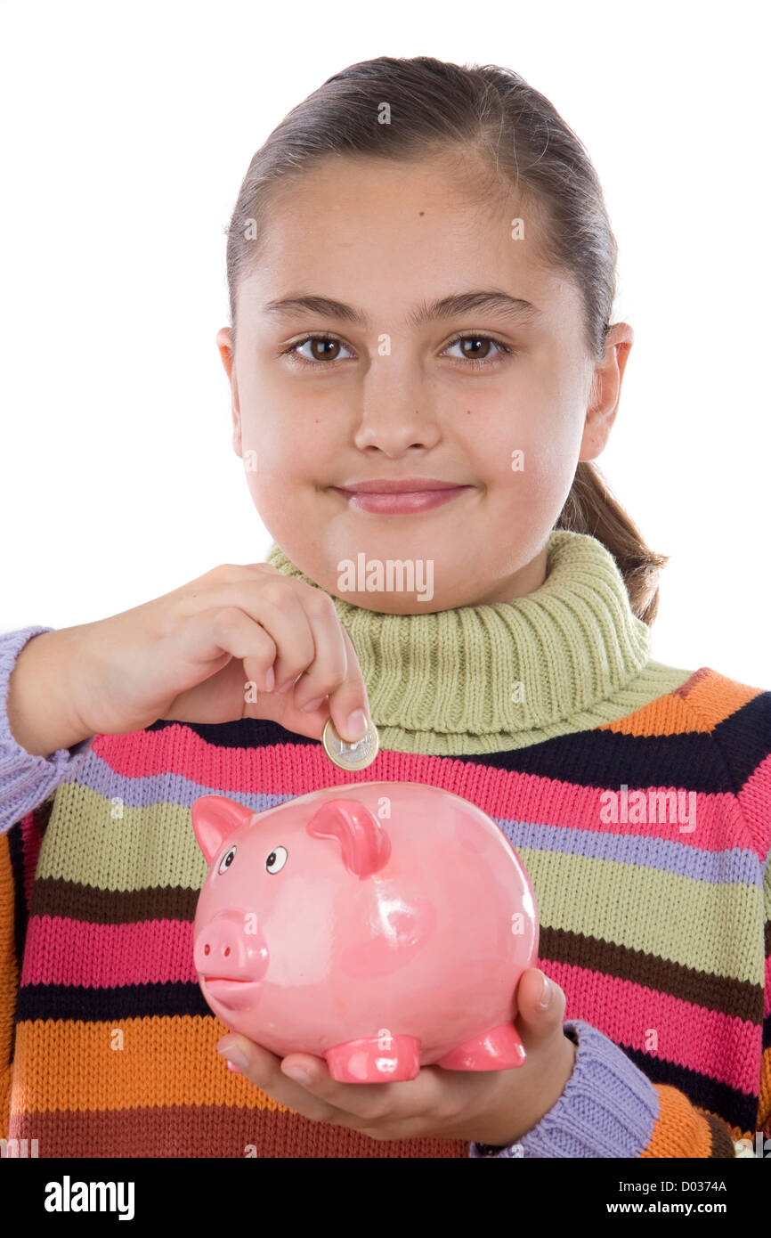 Adorable girl with moneybox isolated over white Stock Photo - Alamy