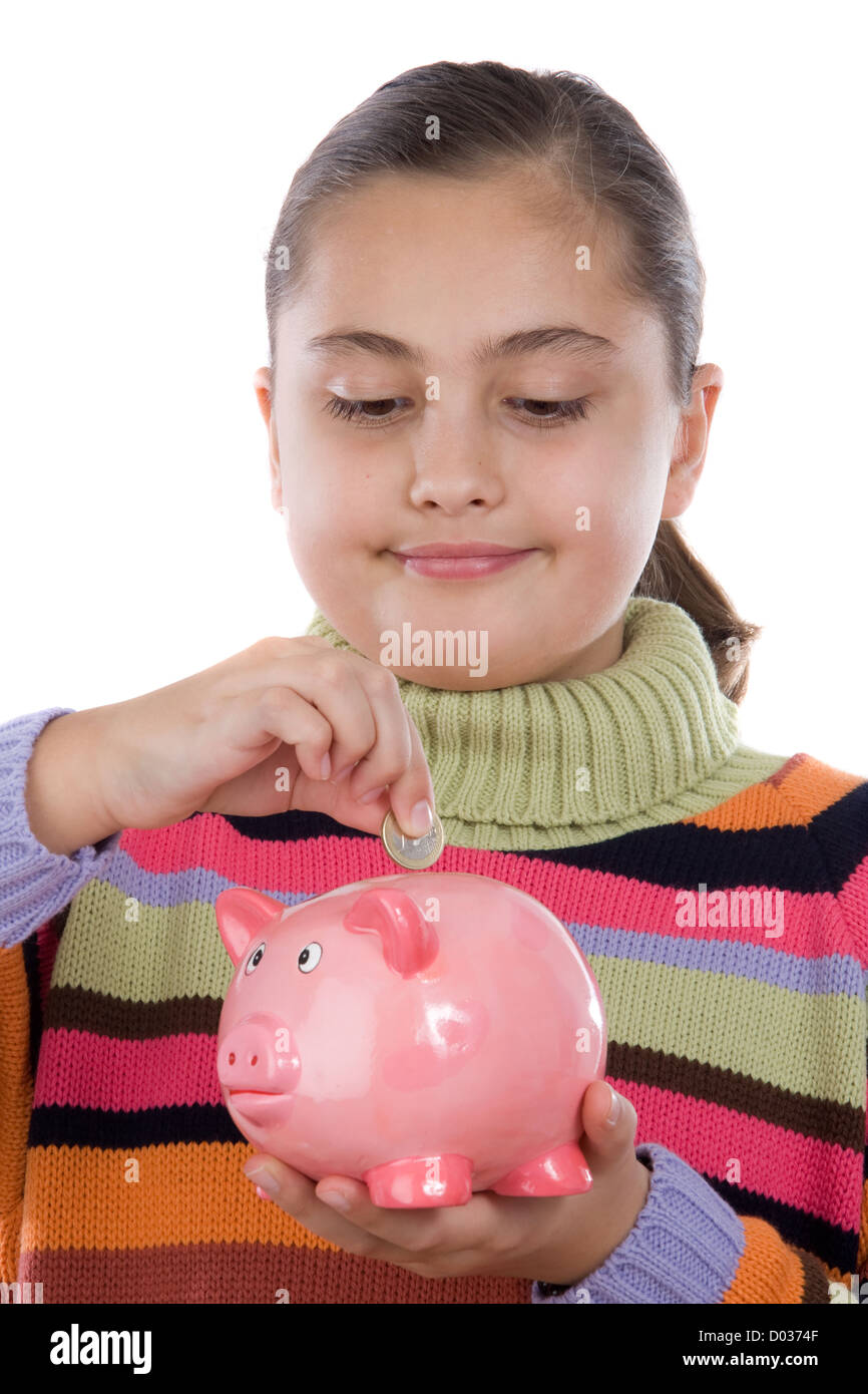 Adorable girl with moneybox isolated over white Stock Photo - Alamy