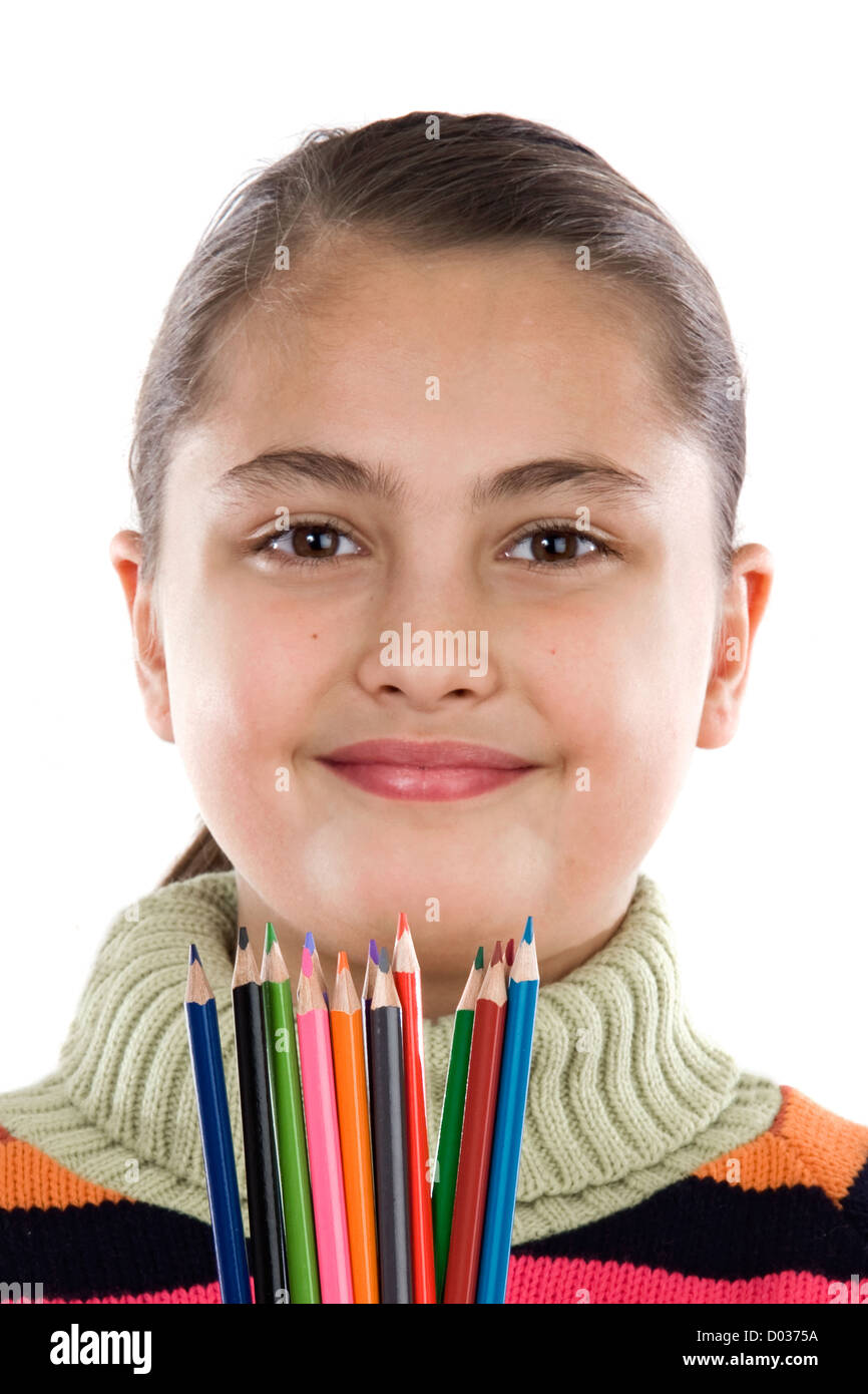 Adorable girl with many crayons of colors isolated over white Stock ...