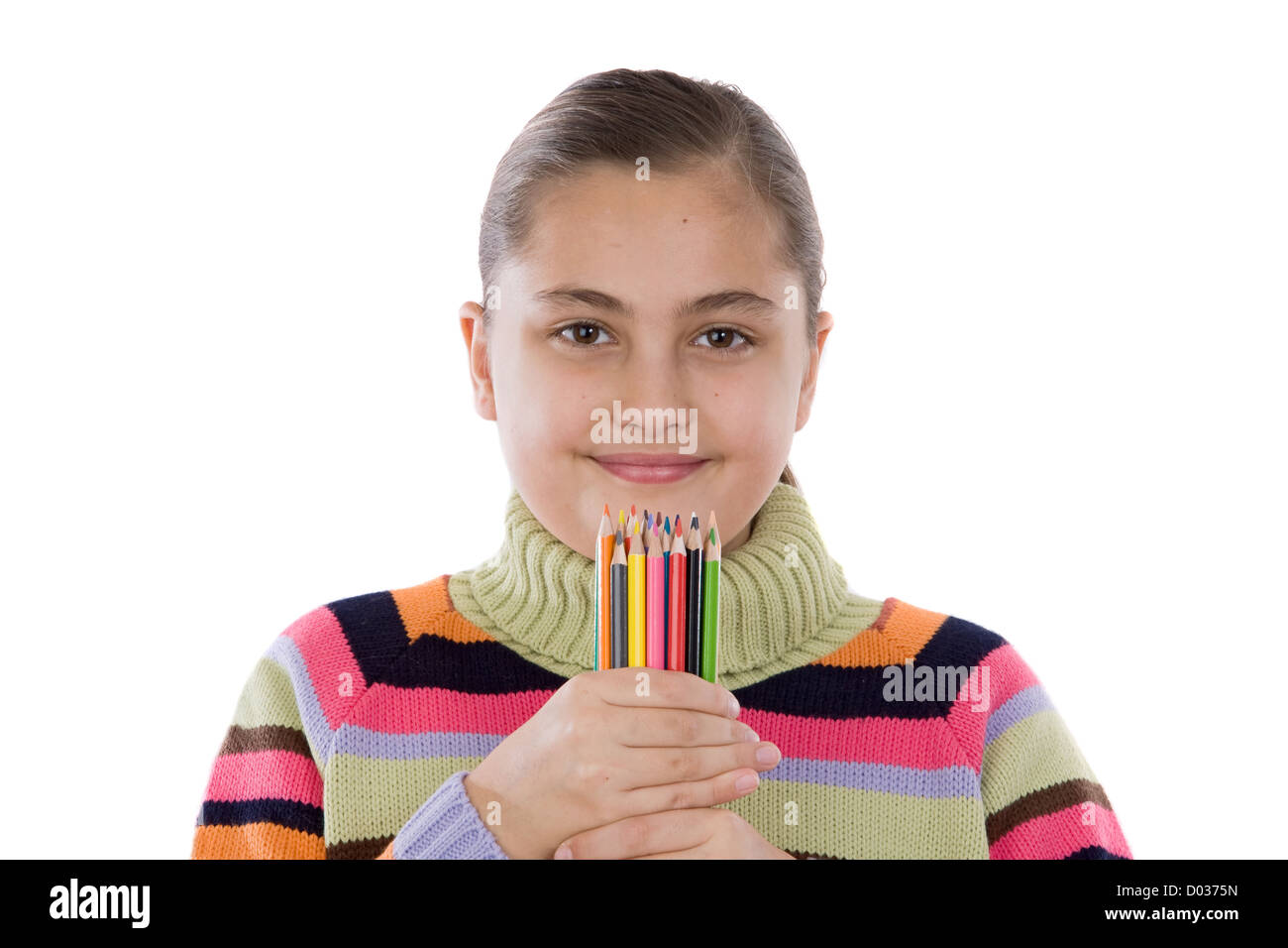Adorable girl with many crayons of colors isolated over white Stock ...
