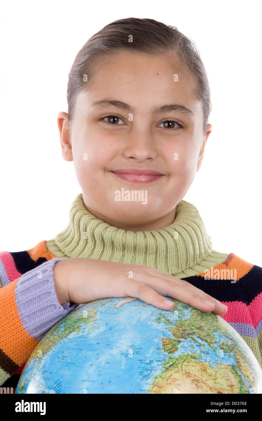 Adorable girl with a globe of the world over white background Stock ...