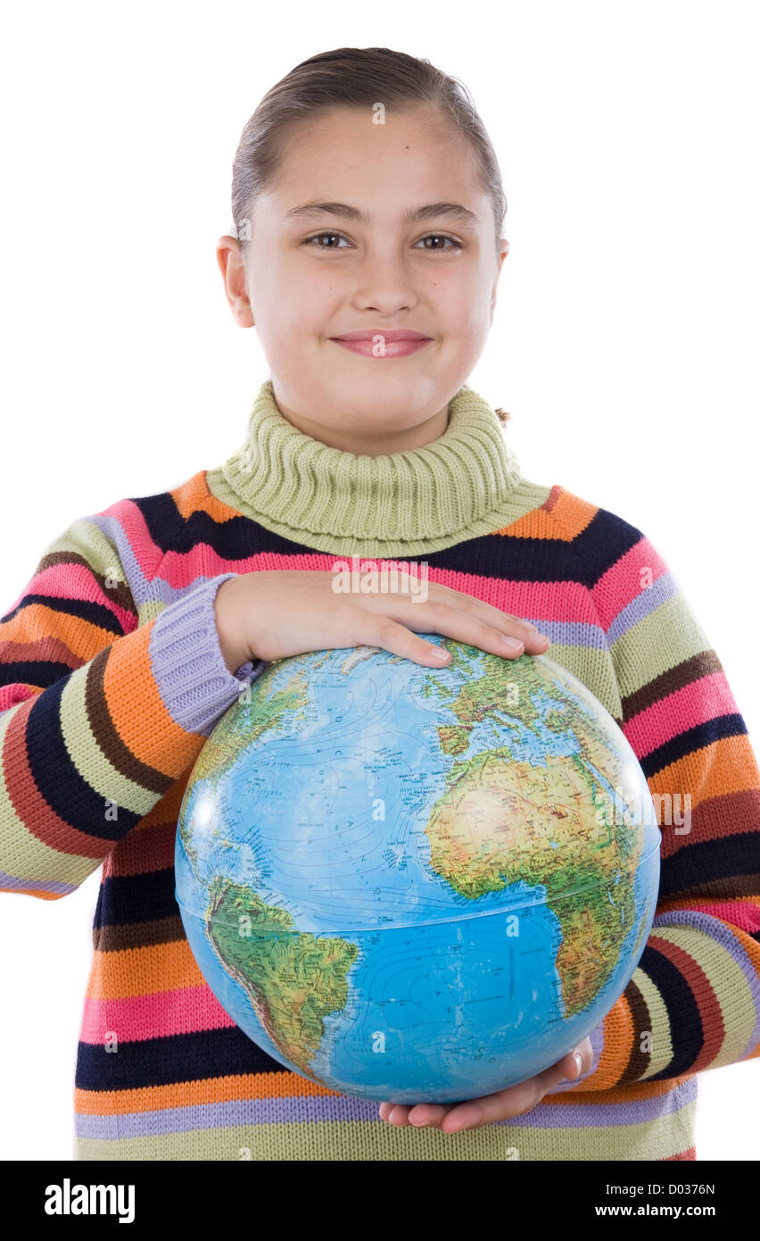 Adorable girl with a globe of the world over white background Stock ...