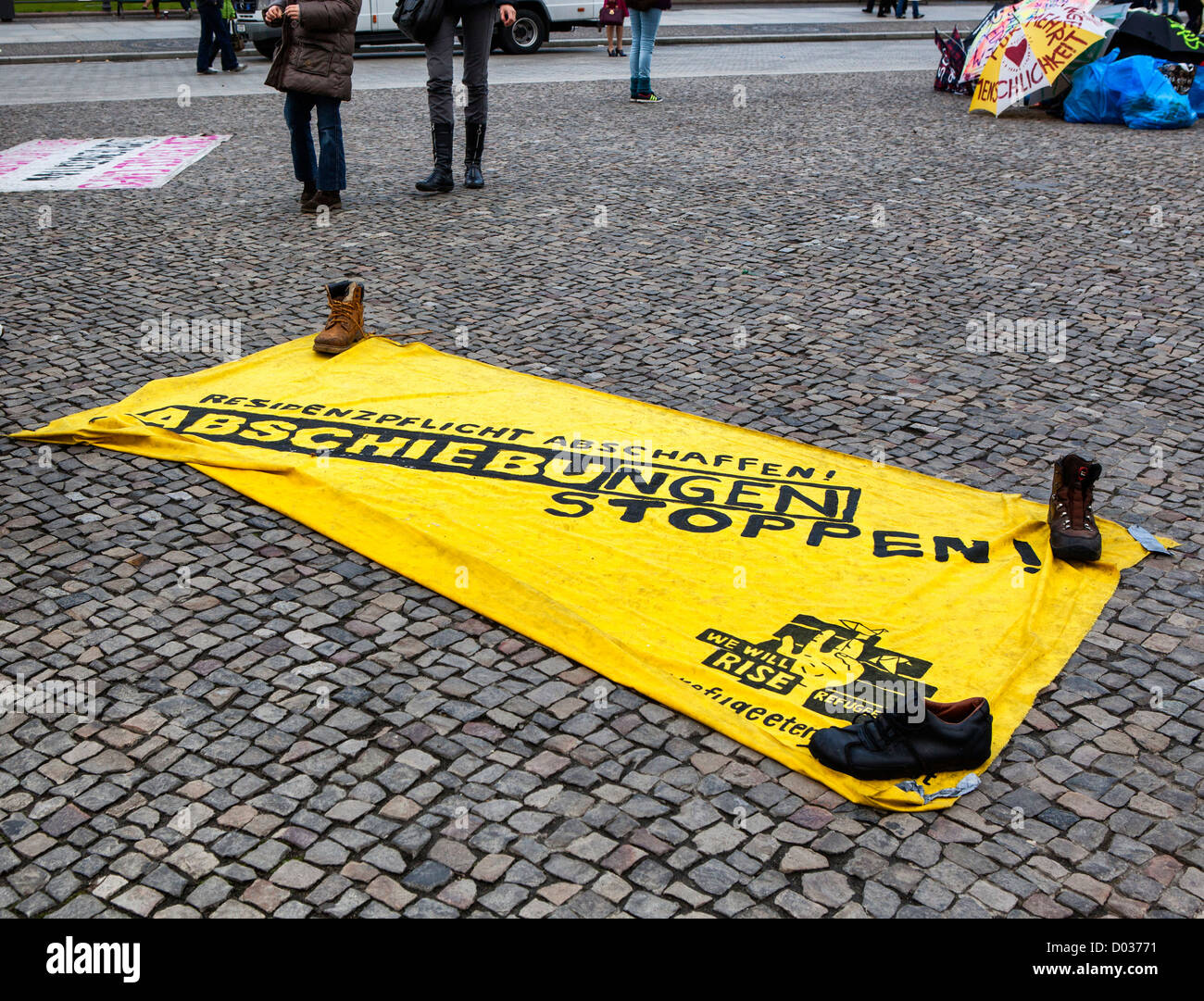 Banner of Asylum seekers protesting against deportation, poor living ...