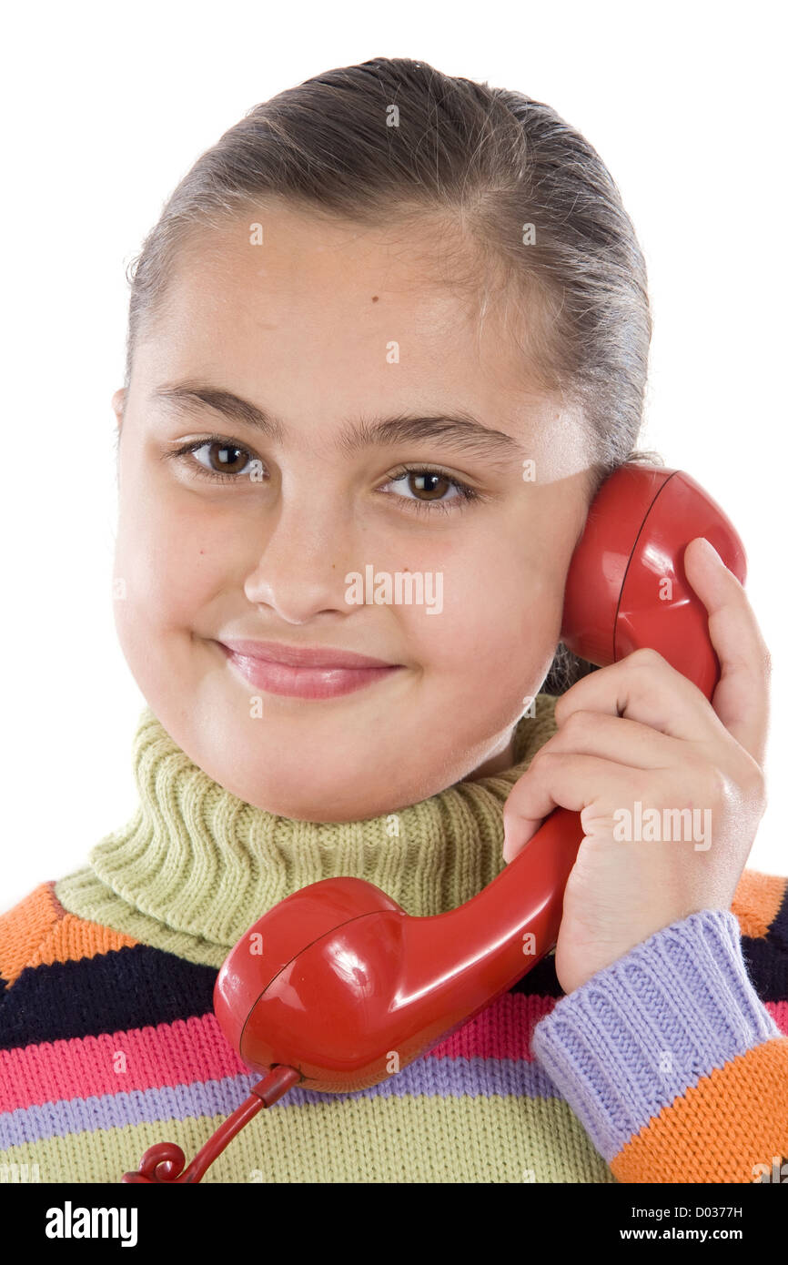 Beautiful girl with red telephone on a over white background Stock ...