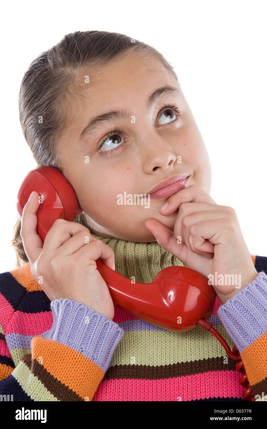 Beautiful girl with red telephone on a over white background Stock ...