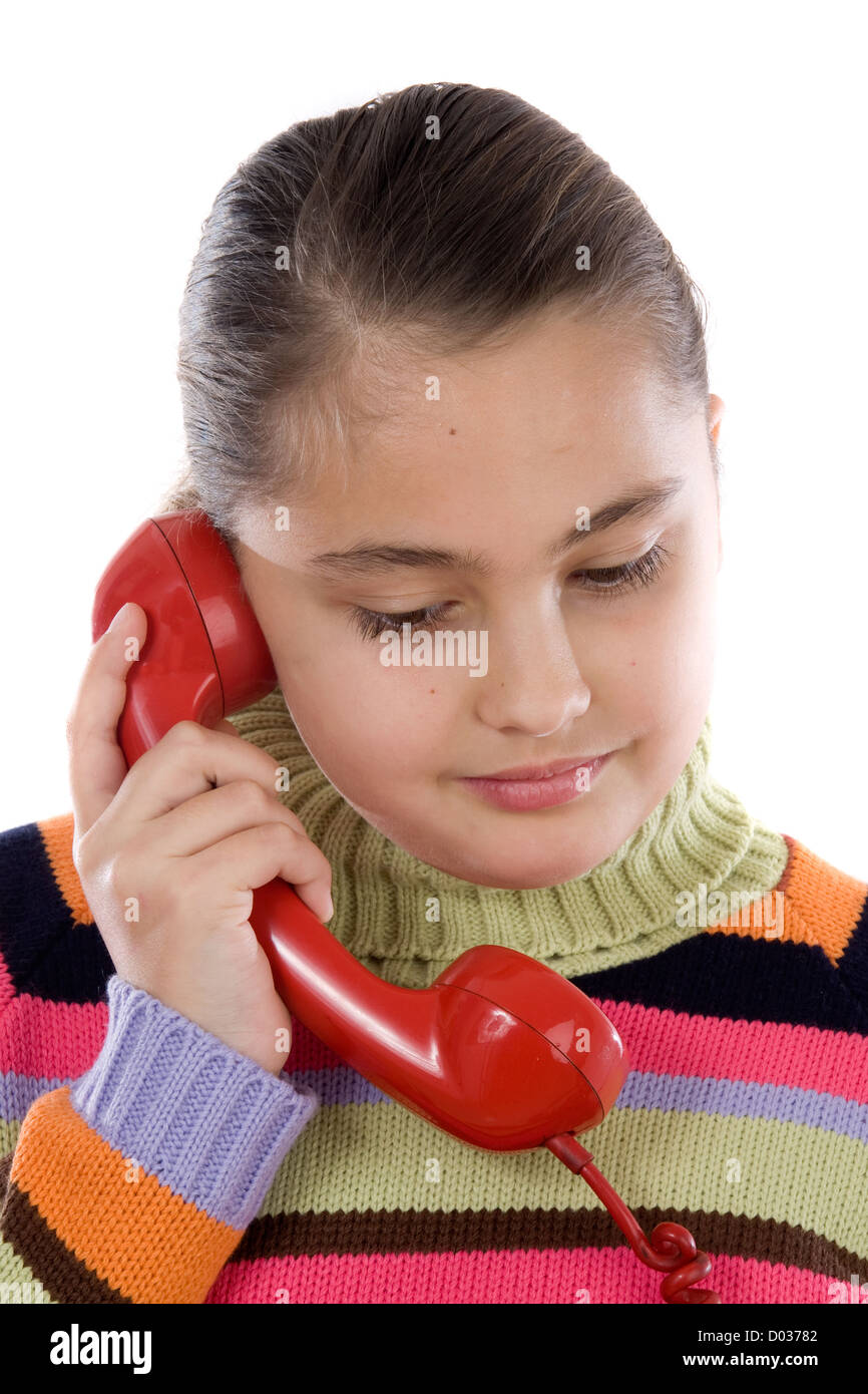 Beautiful girl with red telephone on a over white background Stock ...