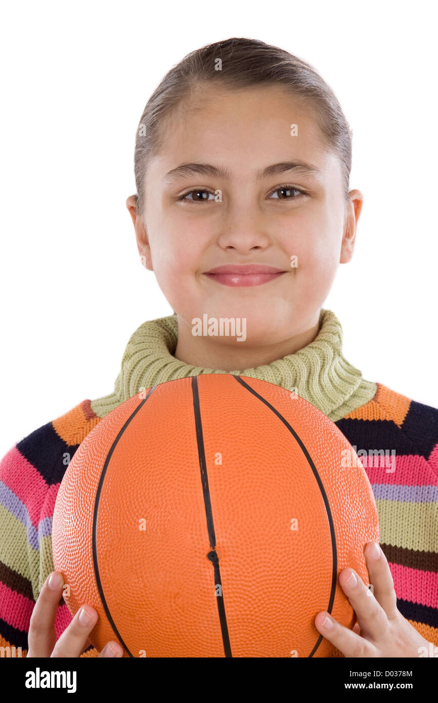 Adorable girl with basketball on a over white background Stock Photo ...