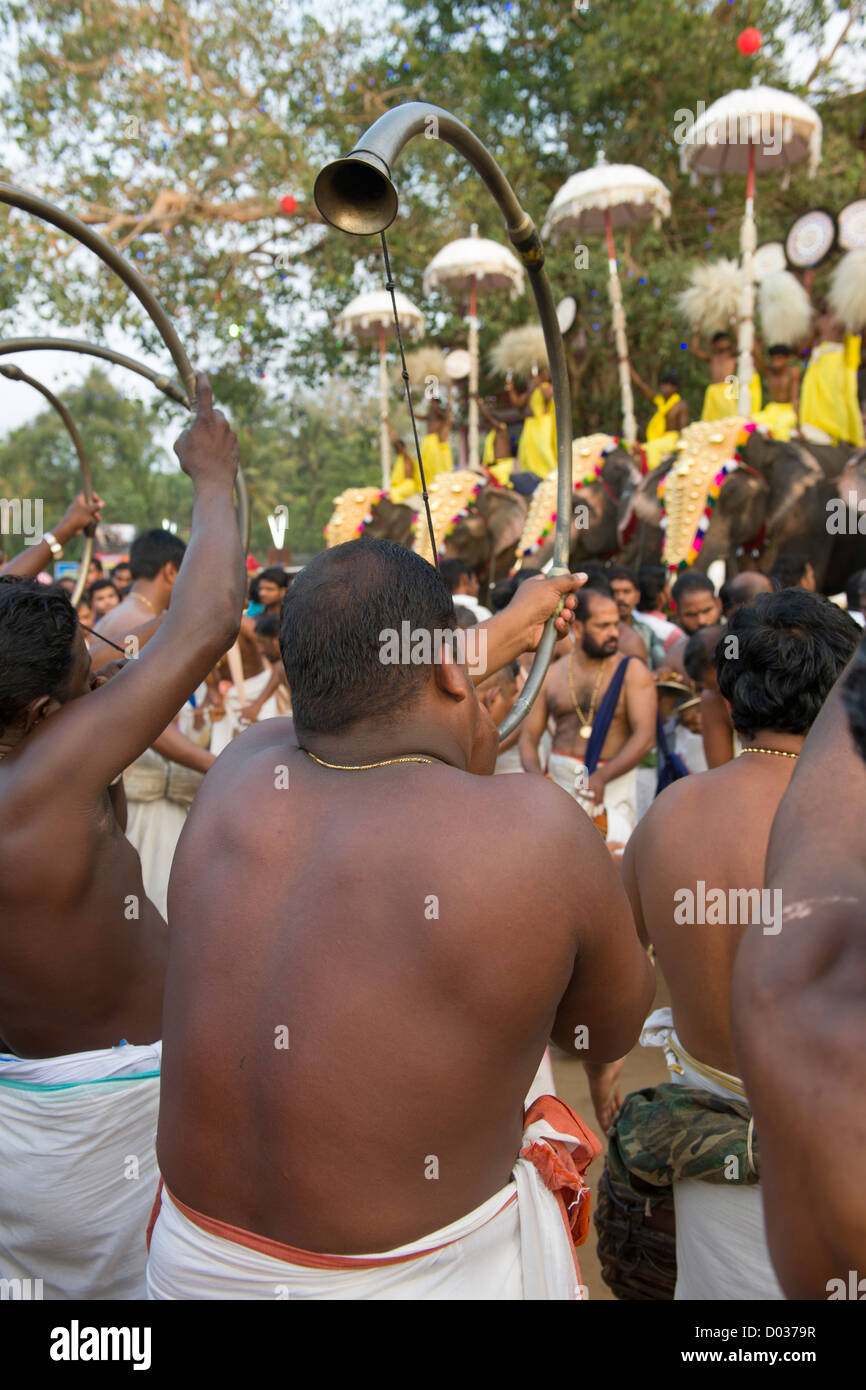 Horn players of a Panchavadyam band at the Goureeswara Temple Festival ...