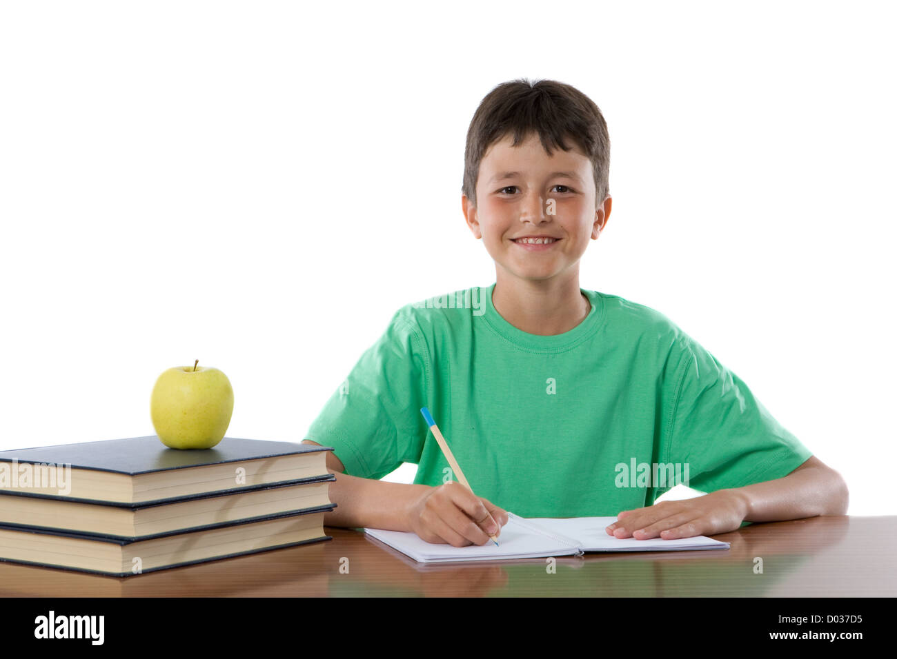 Adorable boy studying on a over white background Stock Photo - Alamy
