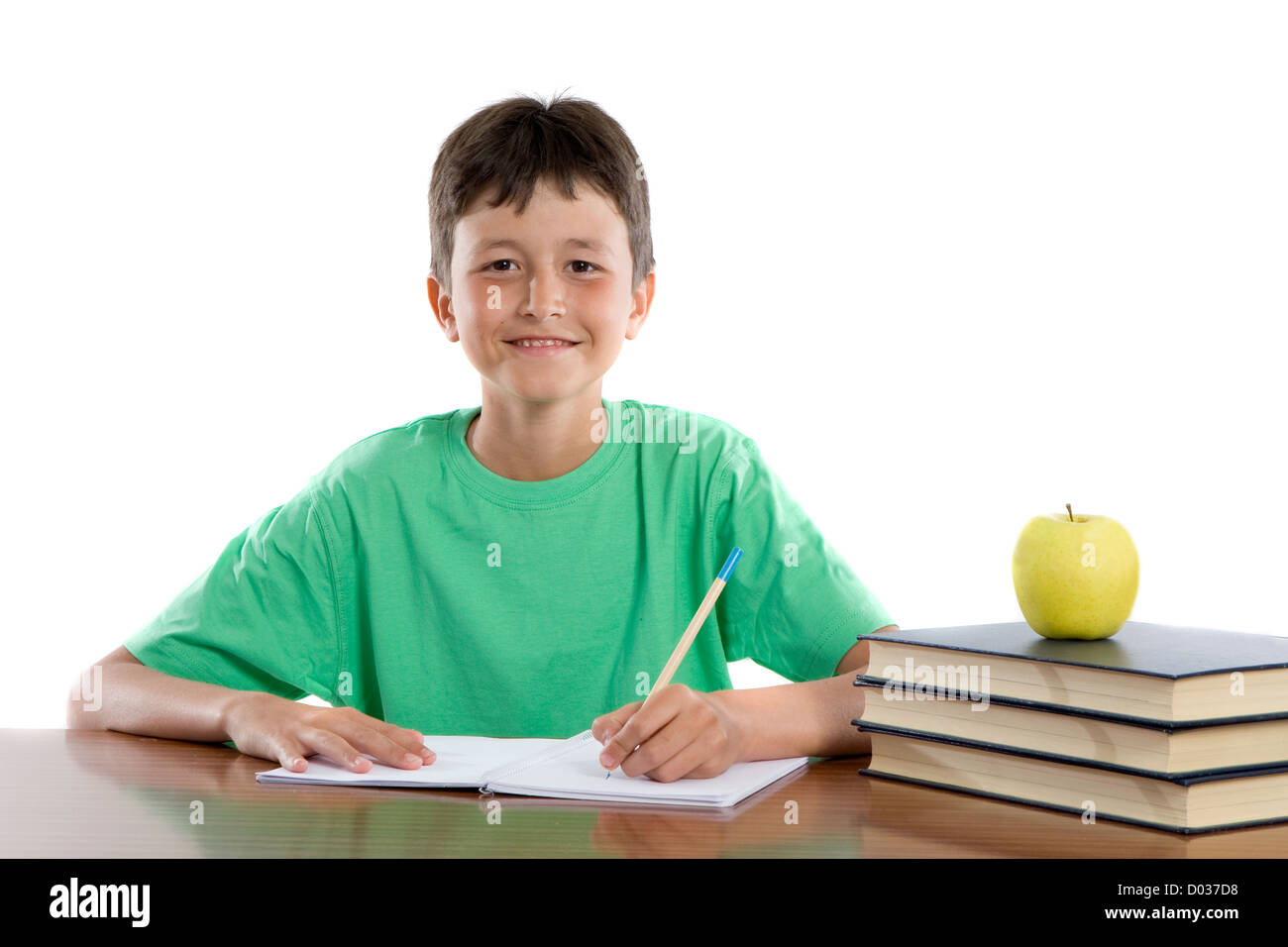 Adorable boy studying on a over white background Stock Photo - Alamy
