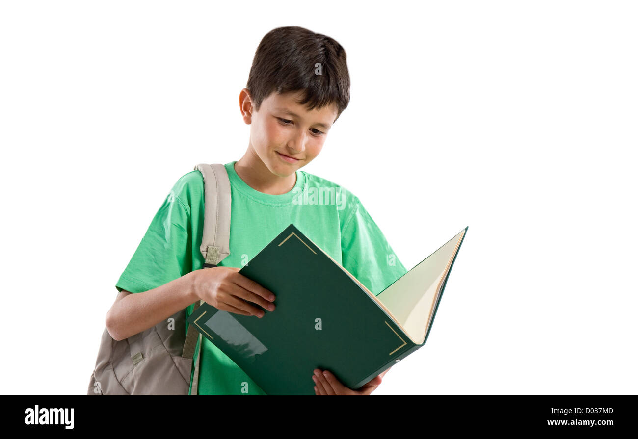 Adorable child reading a book on a over white background Stock Photo ...