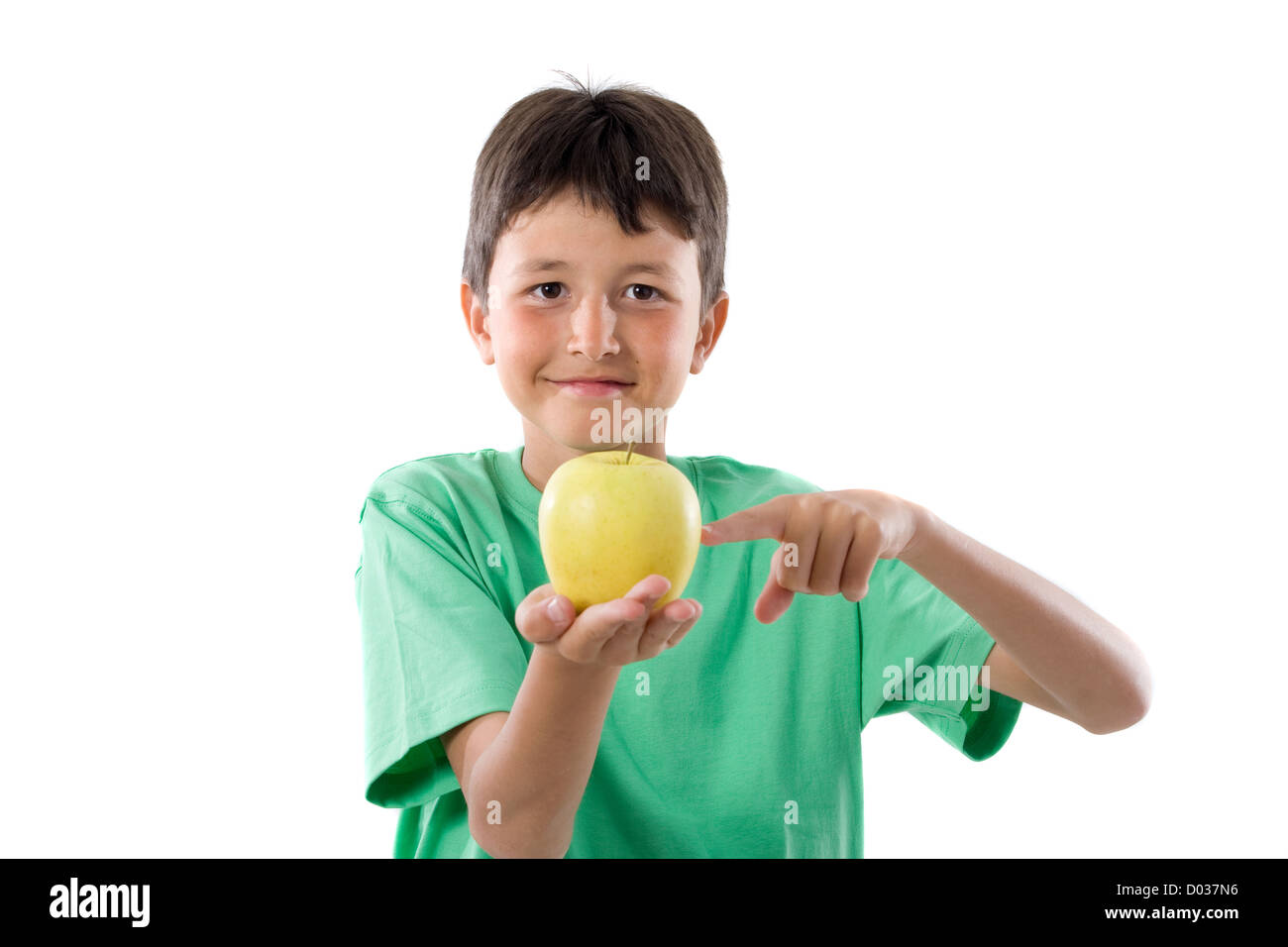 Adorable child eating an apple a over white background Stock Photo - Alamy